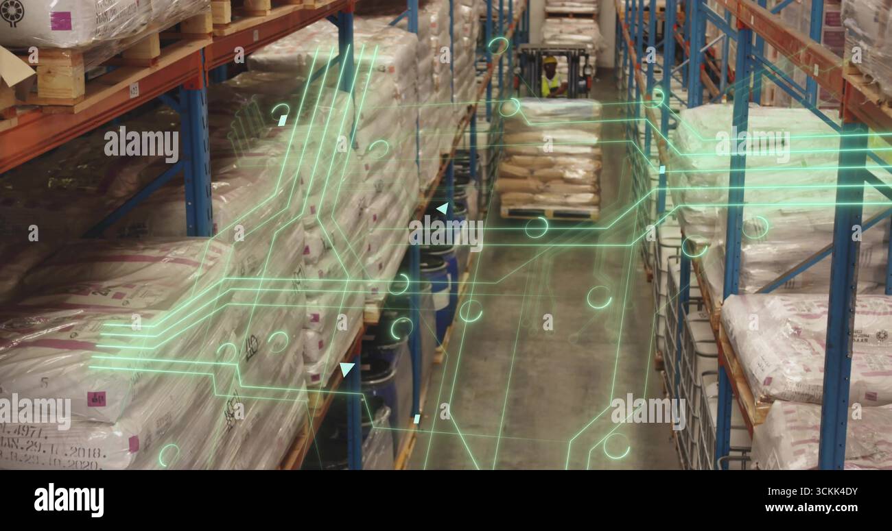 Forklift operator wearing safety vest, helmet navigating warehouse aisle, with AR overlay on ...