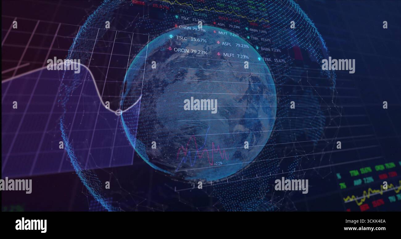 Holographic digital globe rotating in virtual analytics dashboard, with ...