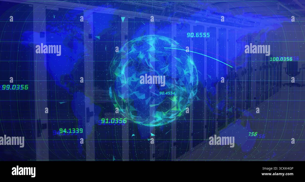 Displaying holographic globe mesh floating above server racks in data ...