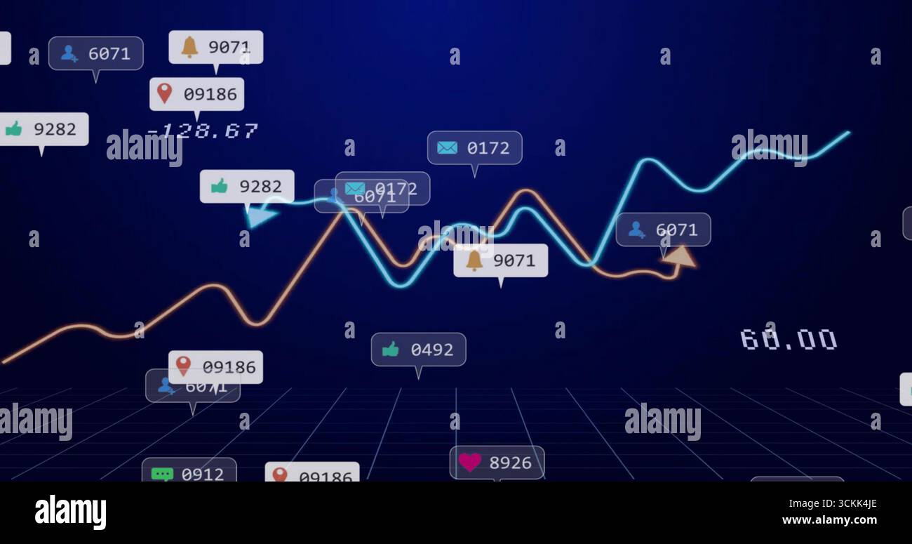 Displaying luminescent blue and orange trend lines over grid plane ...