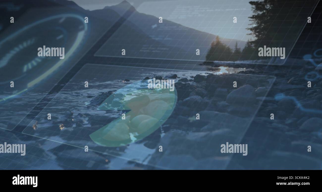 Displaying rocky shoreline by calm lake glowing with digital holograms ...