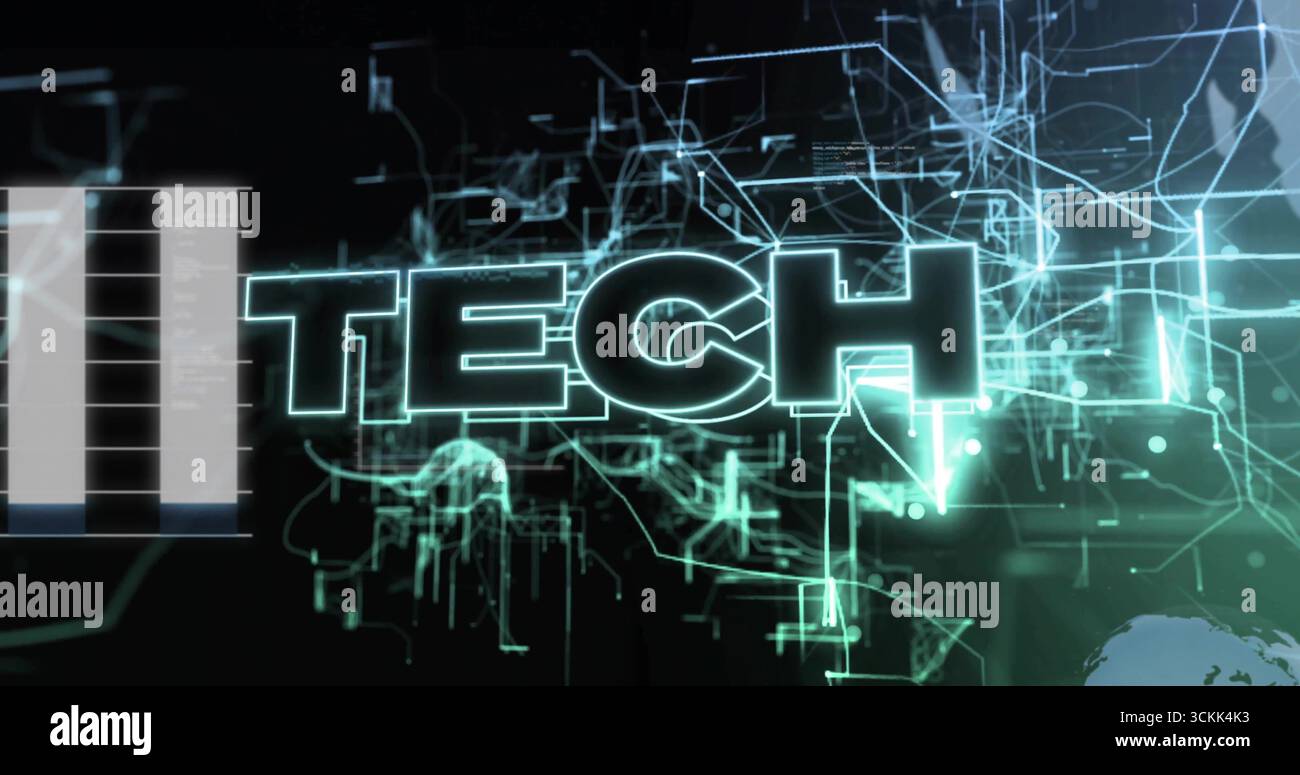 Shining TECH lettering on console showing neon-green circuits and chart ...