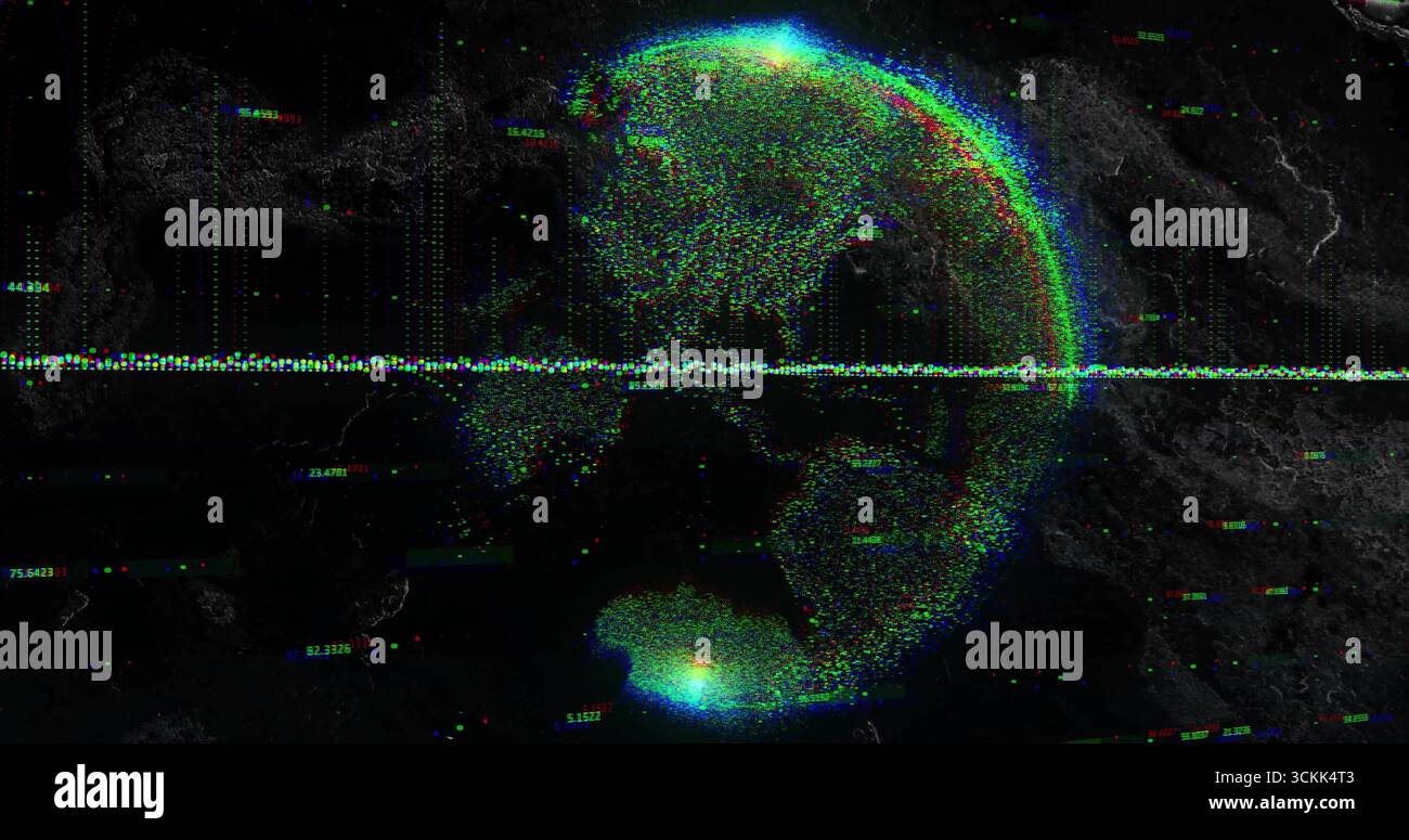 Showing glitching digital globe in virtual interface, with data band ...