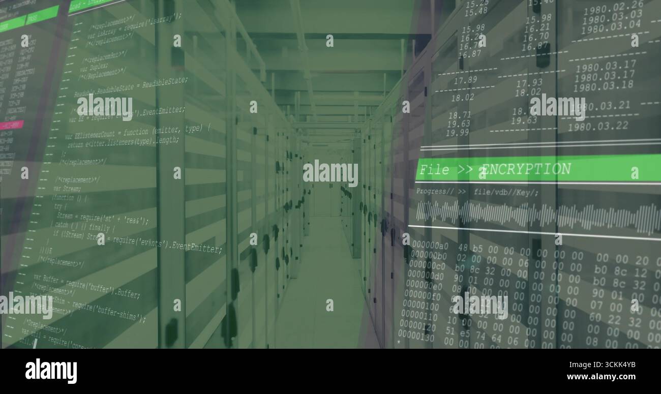 Streaming code overlays across data center corridor, showing server ...