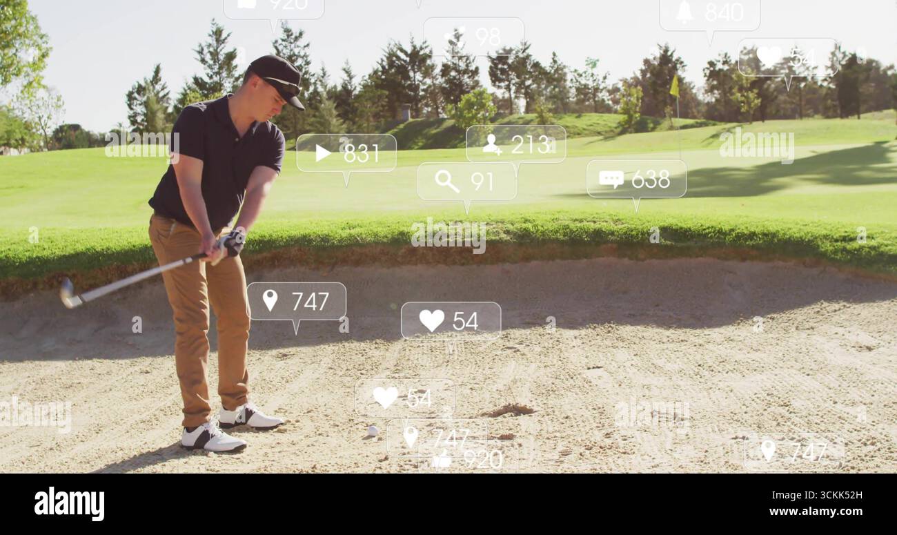 Holding club, golfer in golf attire preparing strike in sand bunker ...