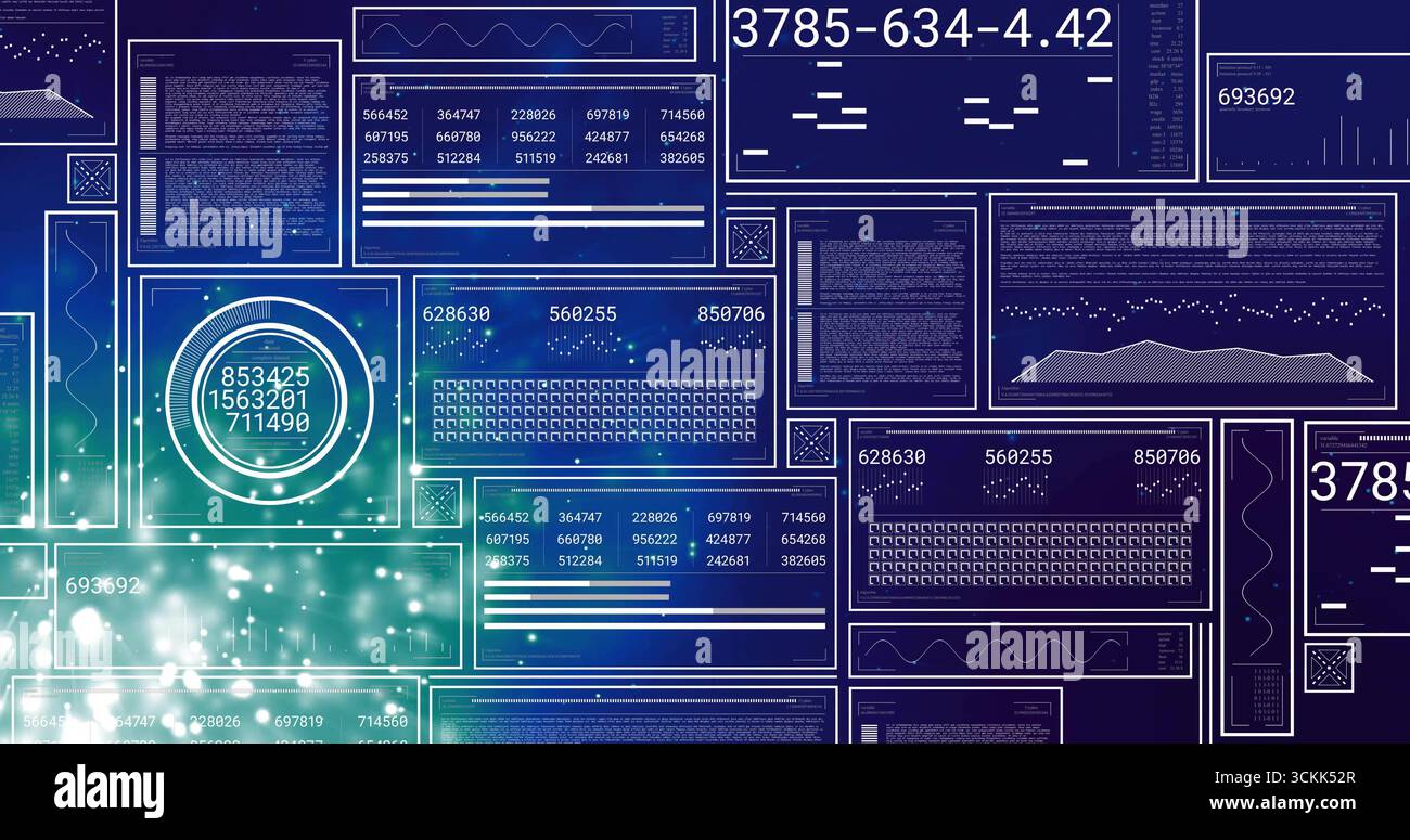 Displaying digital panels at control hub with code text, numeric readouts, gauge, glowing ...