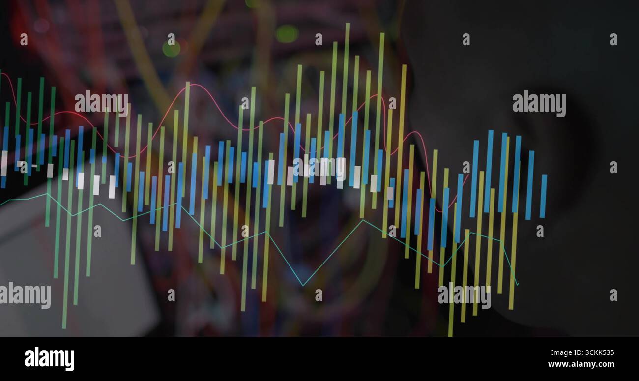 Floating data overlay showing trends in server room, with bar charts ...