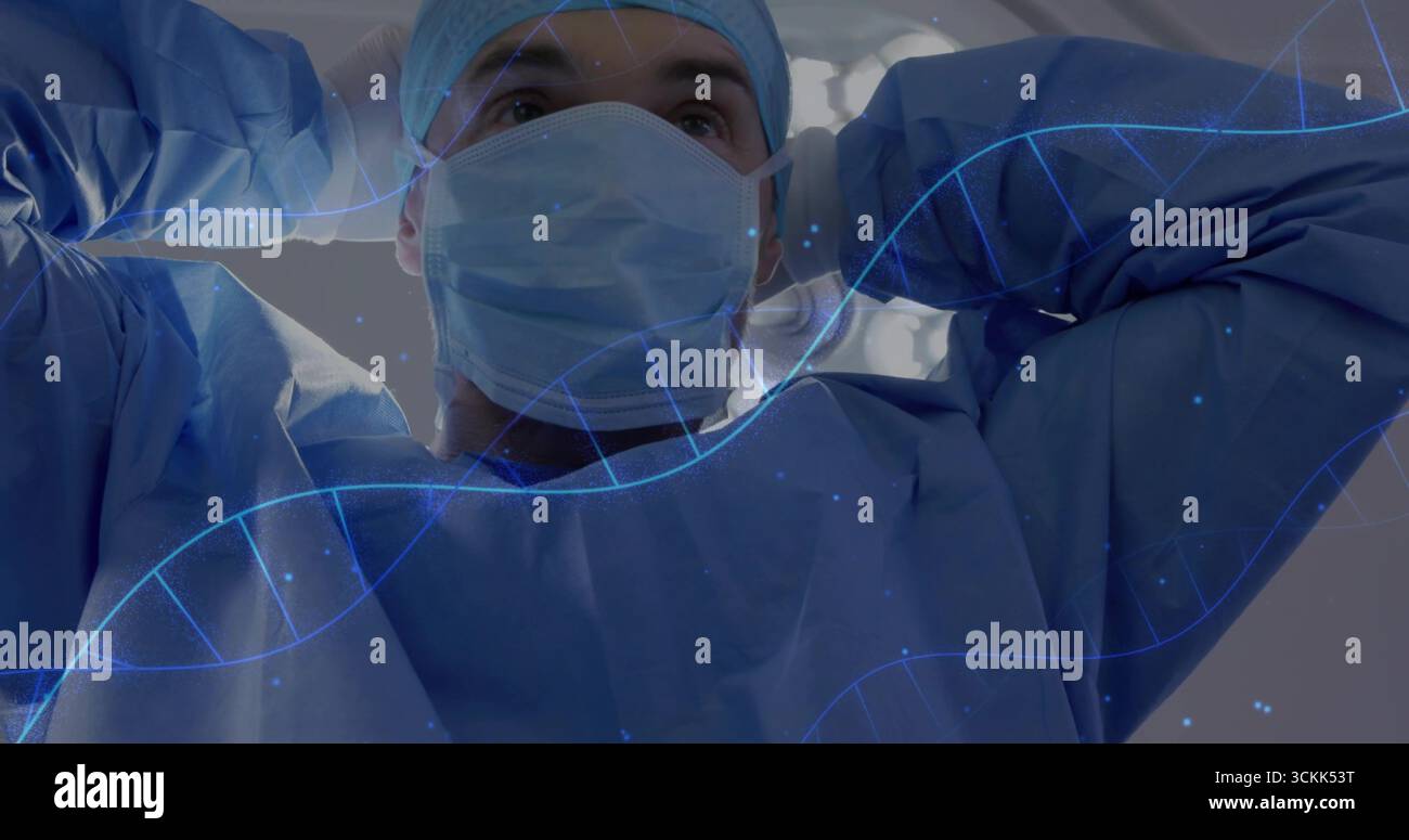 Surgeon adjusting and tightening mask straps in operating room, with ...