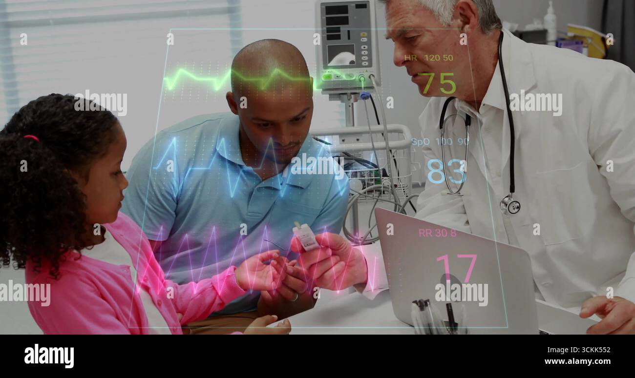 Doctor in lab coat guiding father placing oximeter on girl's finger in ...