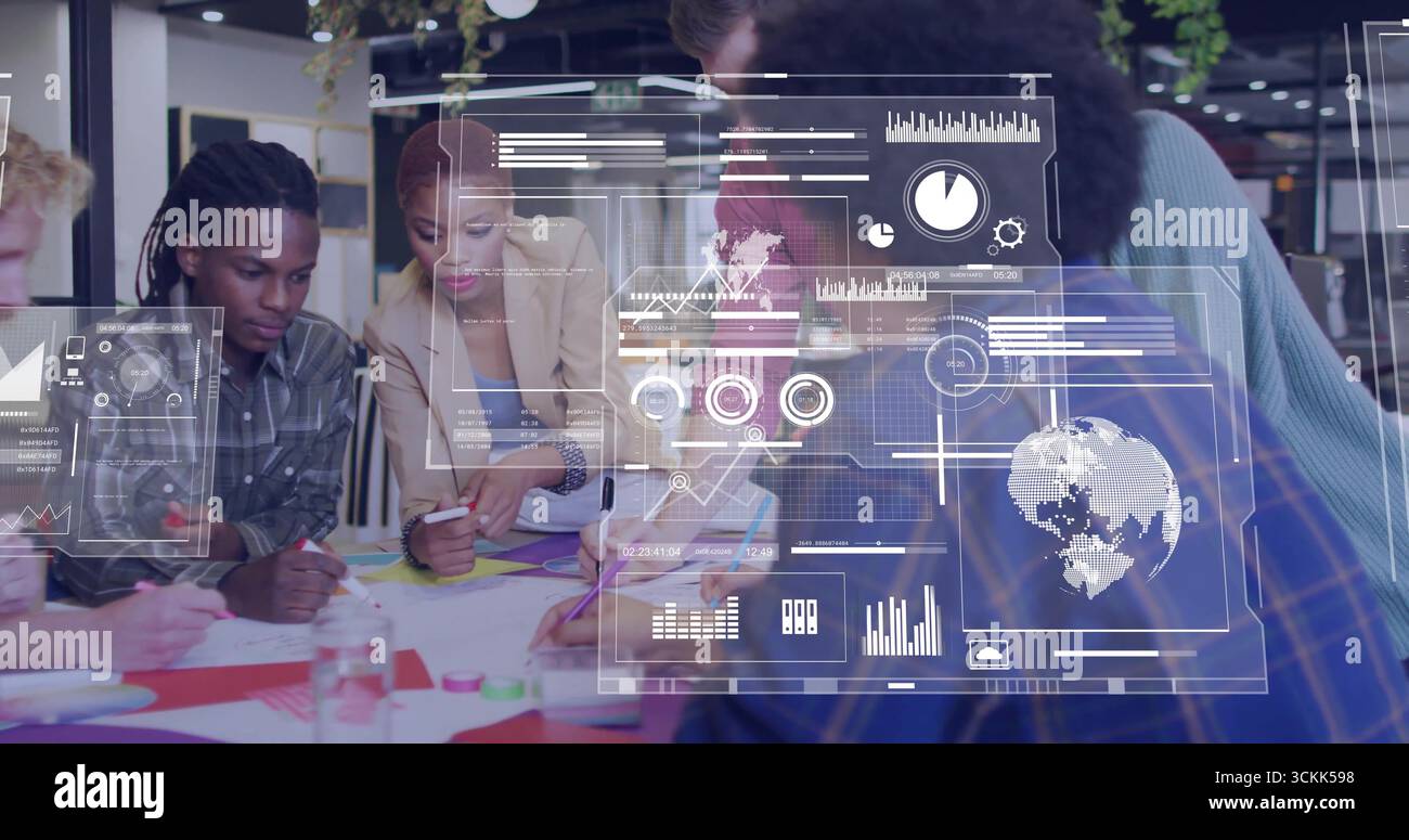 Collaborating six colleagues discussing hi-res stock photography and ...