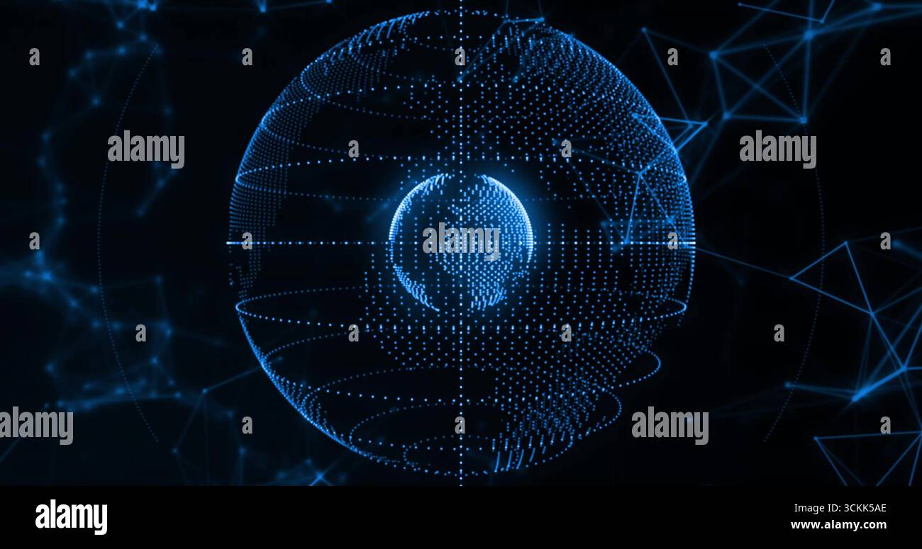 Floating blue sphere in digital void, showing inner dot-matrix globe ...