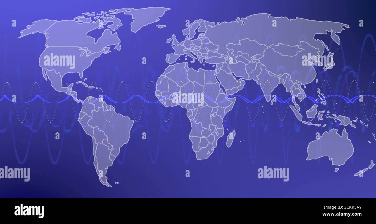 Displaying white-outline world map on blue gradient digital display ...