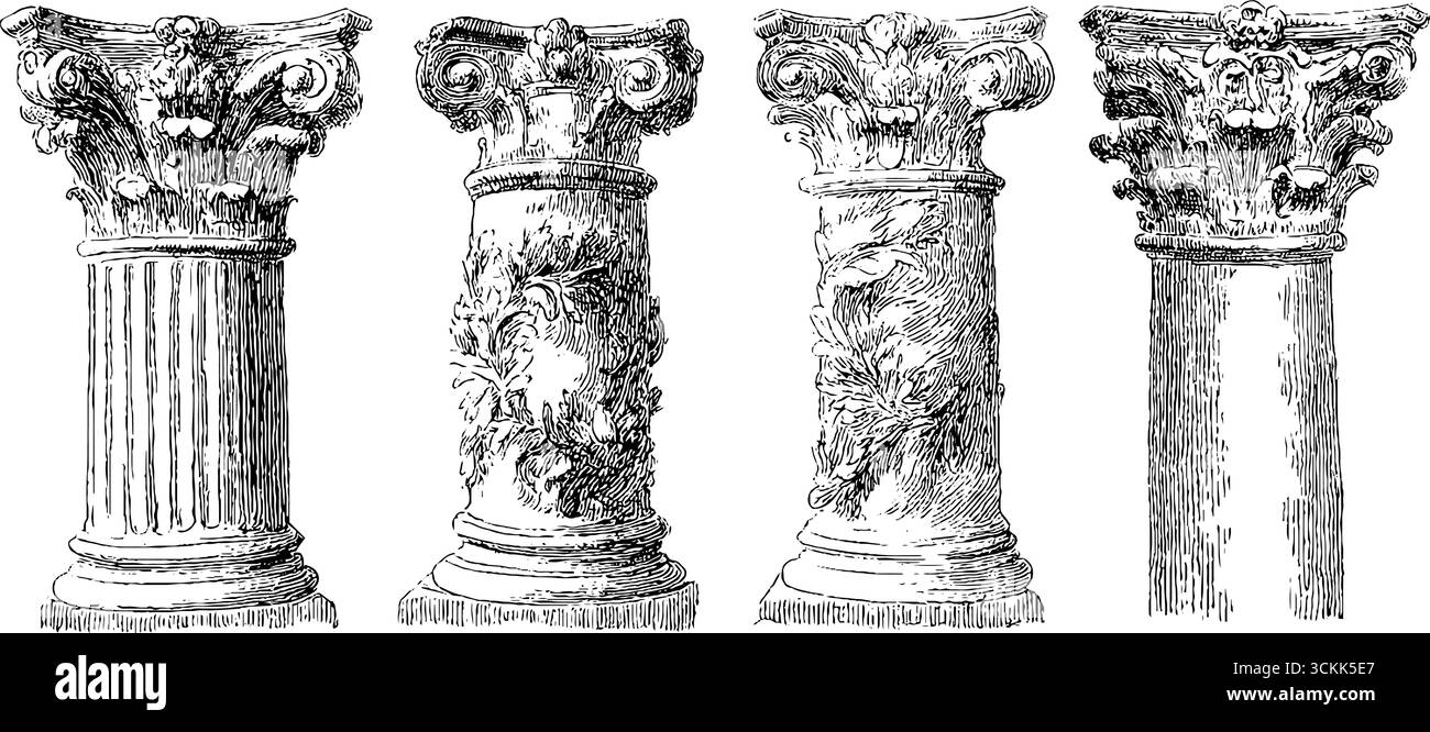 Ornate architectural column capitals in vintage engraving style for ...
