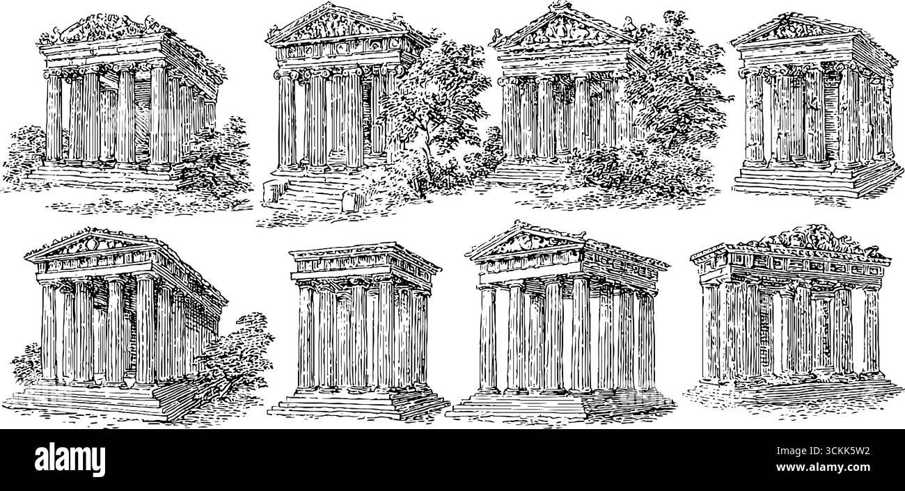Vintage hand drawn engraving set of classical temple illustrations for ...