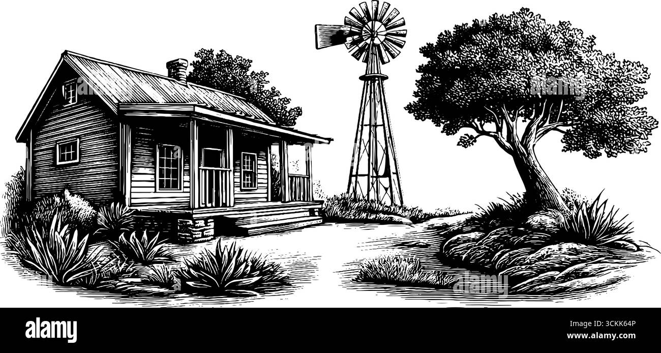 Vintage rural scene with rustic house, windmill, and tree - hand drawn ...