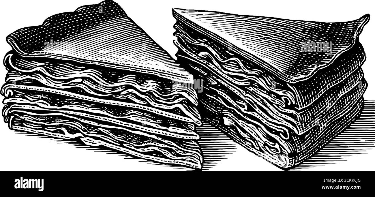 Vintage hand-drawn illustration of black and white lasagna slices for ...