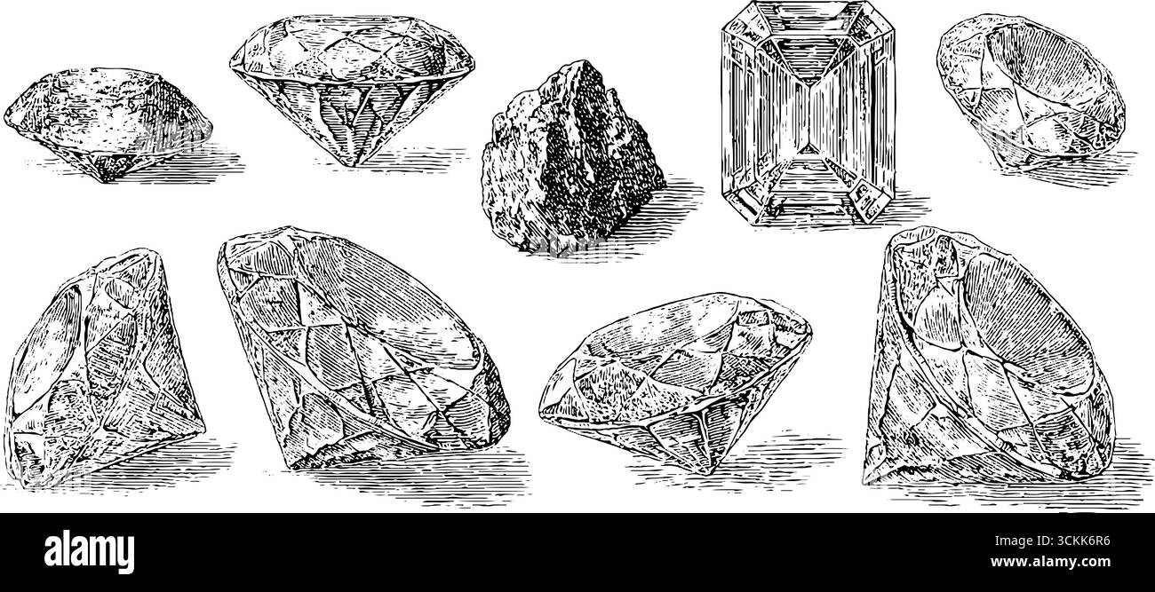 Vintage black and white engraving of diamond and gemstone collection ...
