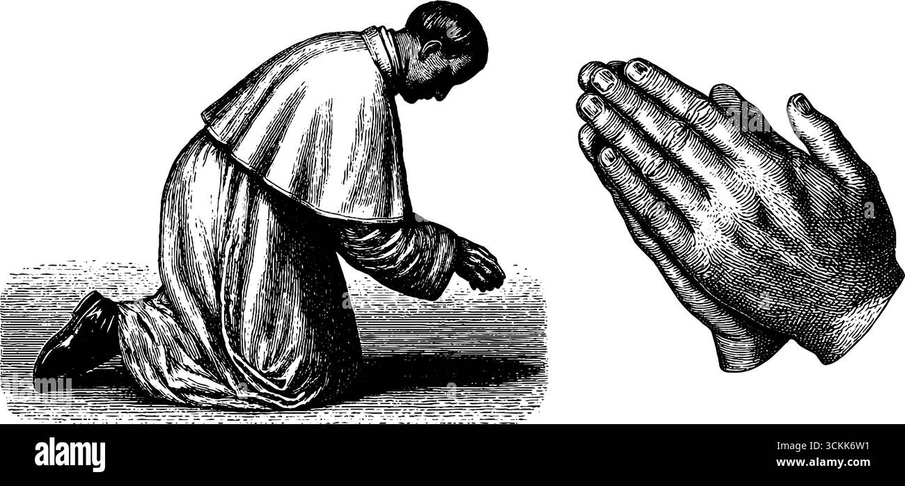 Engraved illustration of kneeling priest with praying hands design ...