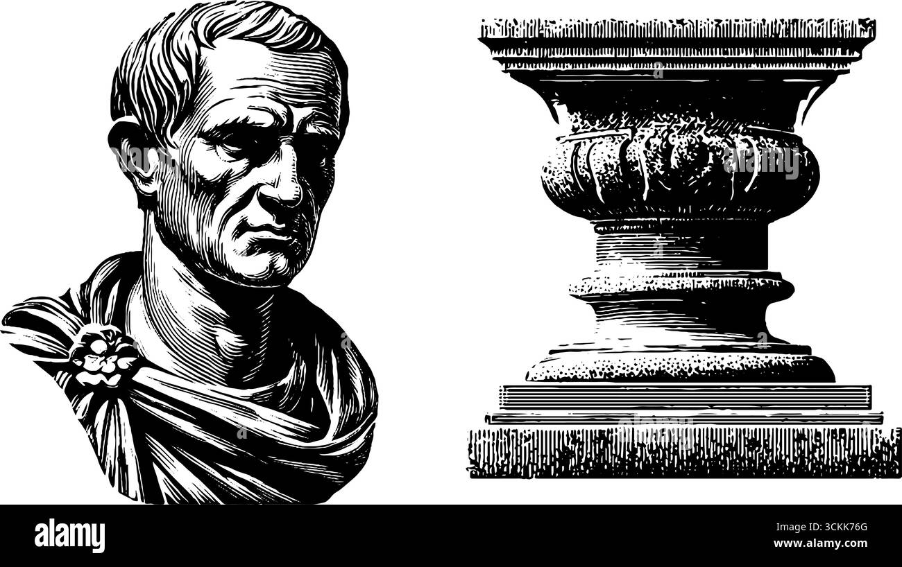 Classic roman senator bust and column engraving for historical design ...