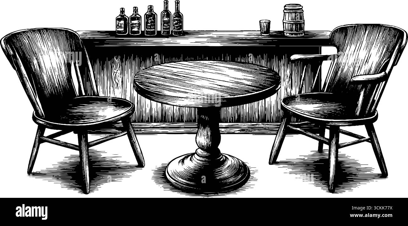 Vintage rustic bar with wooden furniture and bottles - hand drawn ...