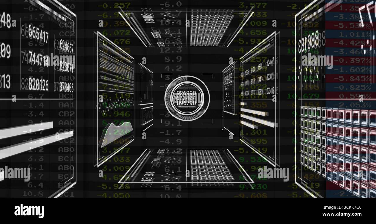 Displaying central circular data interface glowing in data corridor, with scrolling numeric ...