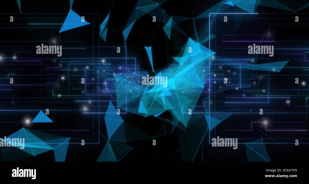 Floating blue triangular facets forming network pathways in dark void ...