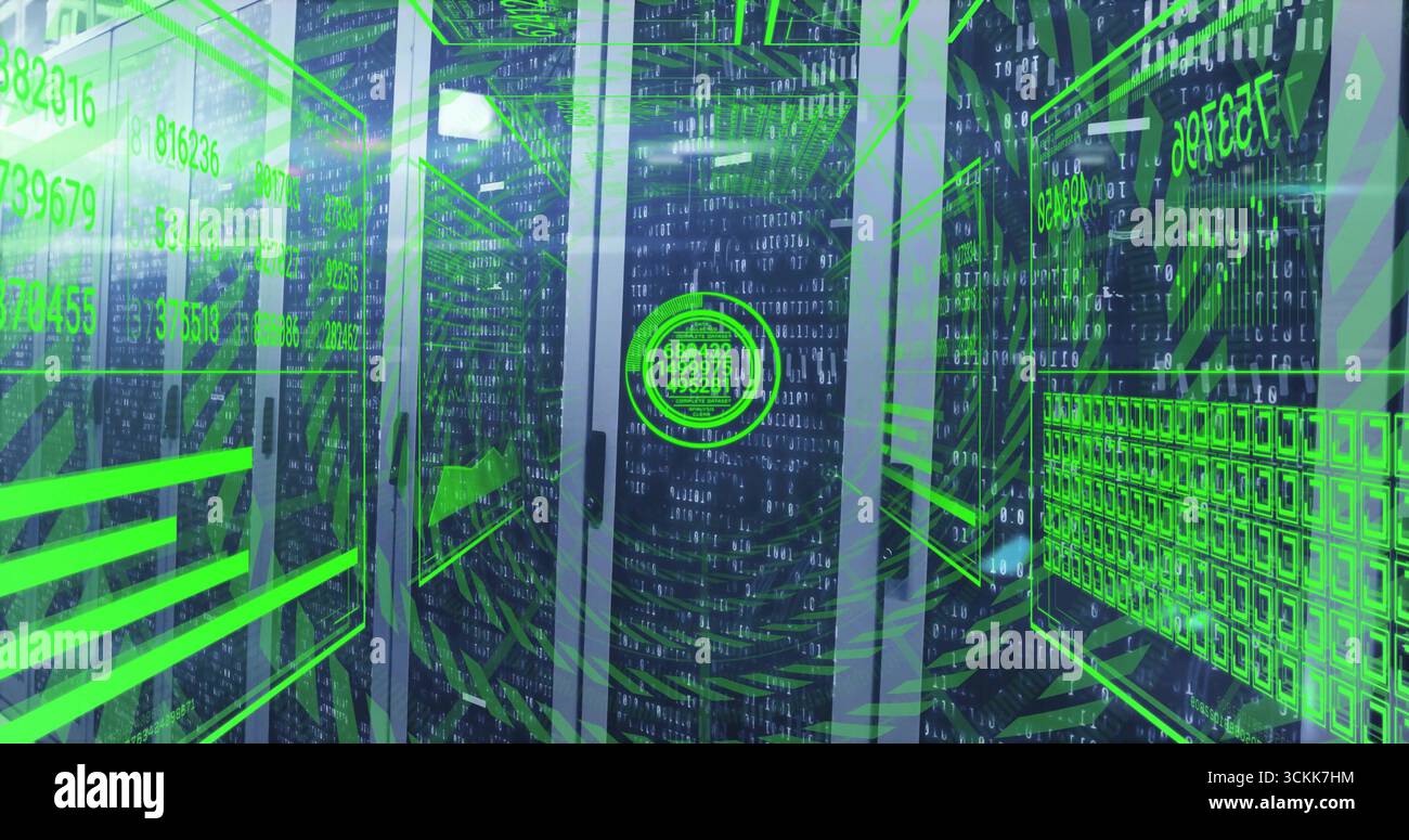 Displaying server racks streaming green overlays at data center with ...