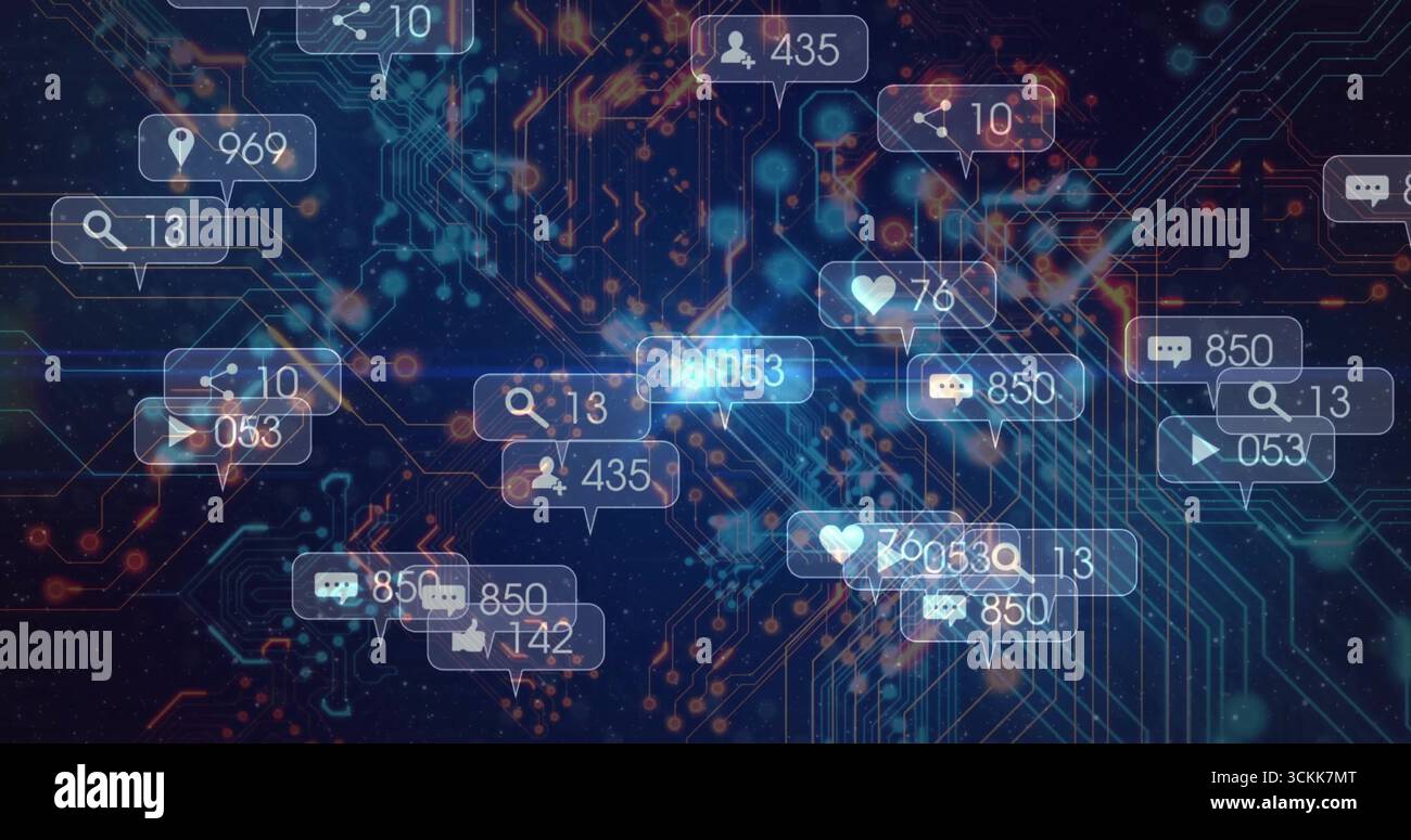 Floating social media notification bubbles over dark circuit board ...