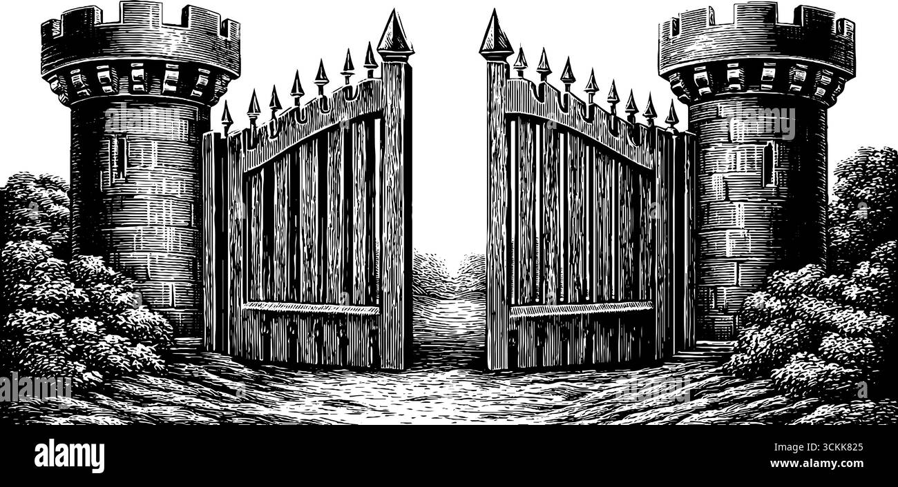 Vintage black and white engraving of a fort with open gates and towers ...