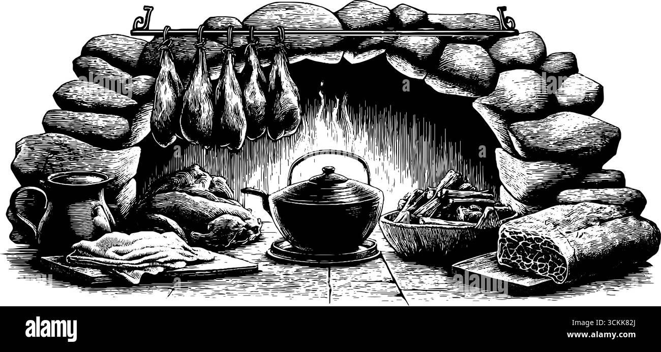 Rustic fireplace cooking scene with hanging meats and culinary utensils ...