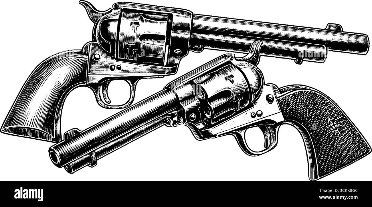 Vintage black and white hand drawn engraving of revolvers silhouette ...