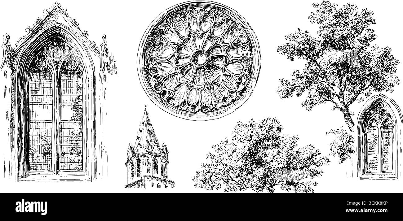 Intricate black and white engraving set featuring gothic architecture ...