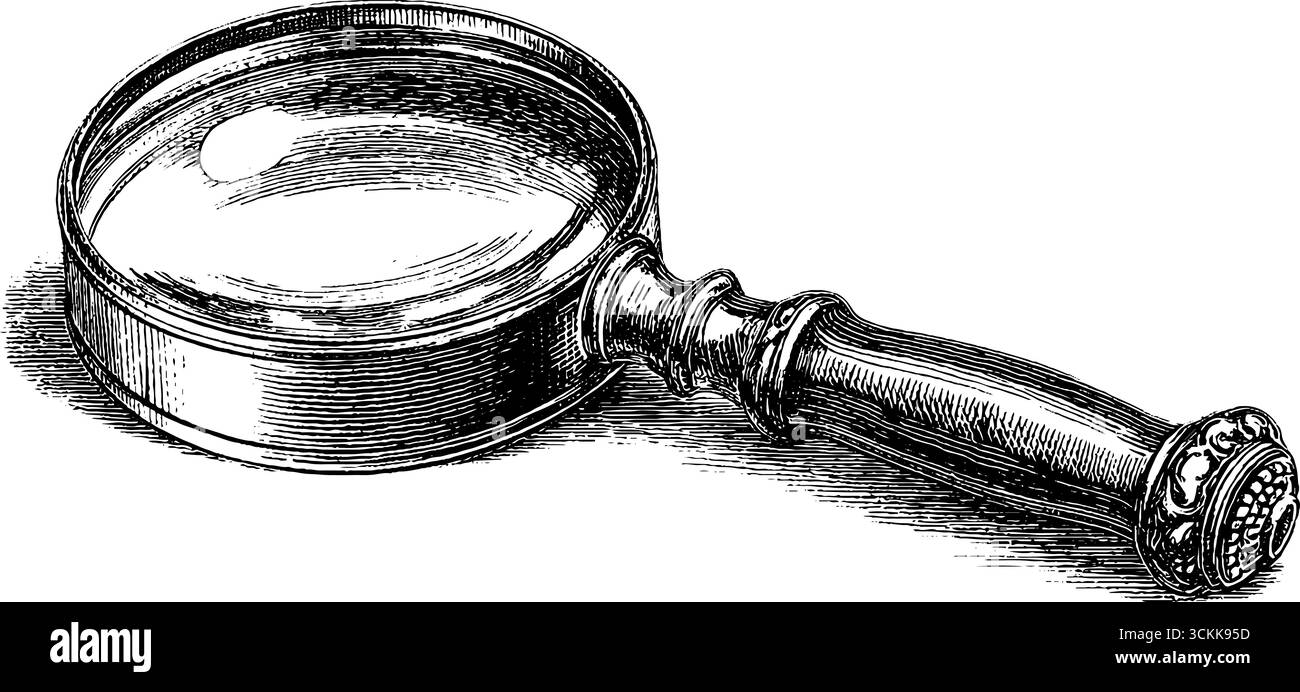 Vintage magnifying glass engraving illustration for historical design ...