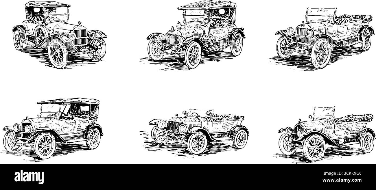 Vintage car collection sketch set: six hand drawn antique vehicle ...
