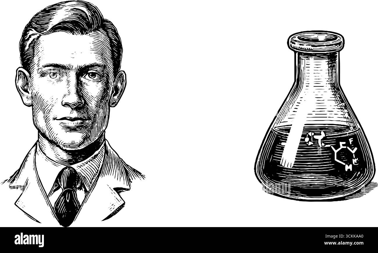 Vintage scientist portrait and chemical flask illustration for ...