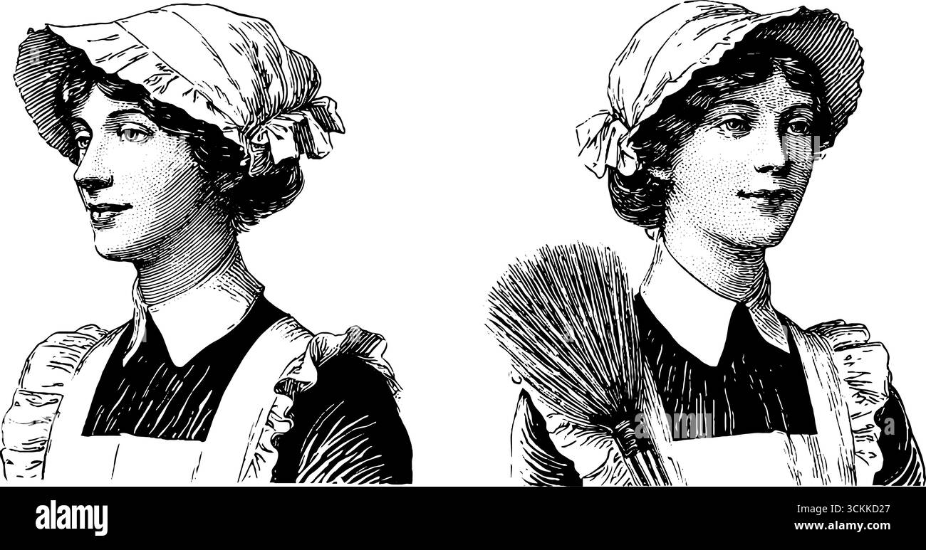 Vintage maid portrait set with cap and feather duster for retro design ...