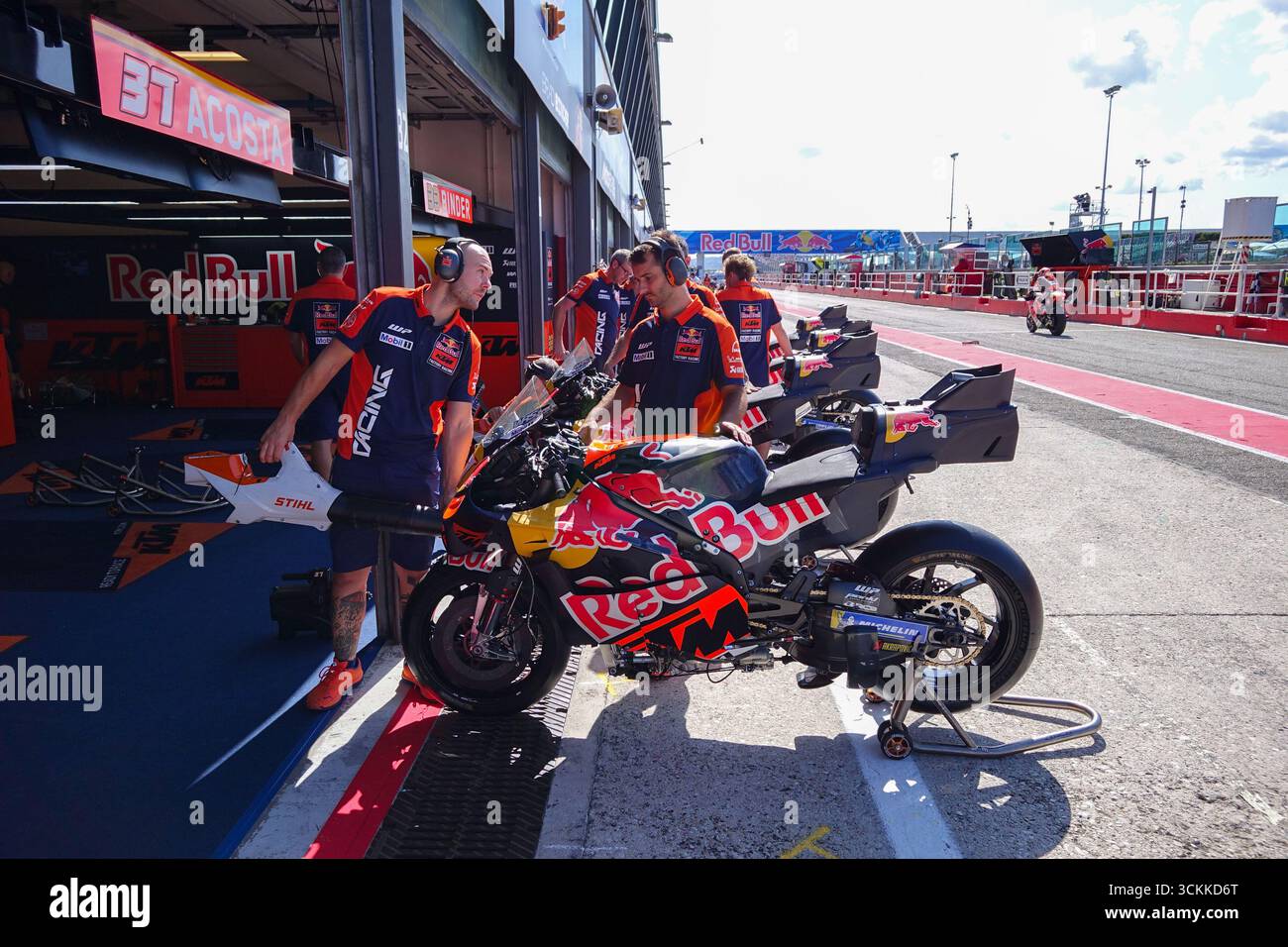 The bikes of KTM RC16 of Red Bull KTM Tech3 are exposed in pit-lane ...