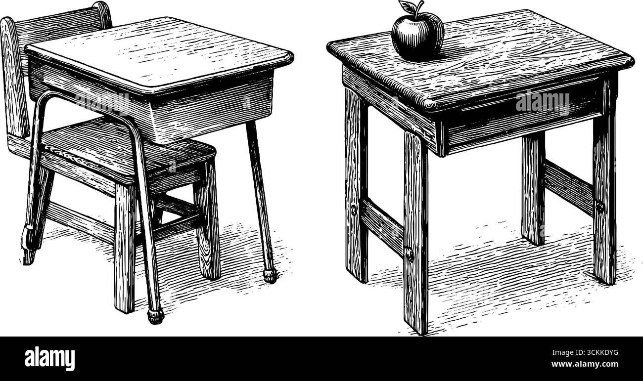 Vintage engraved illustration of school desks with slats featuring ...