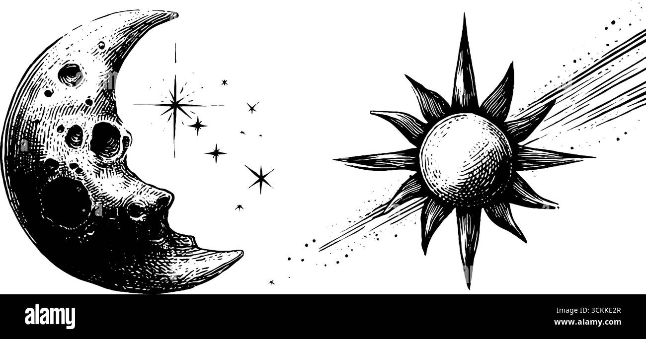 Engraved celestial art: crescent moon and stars with radiant sun for ...