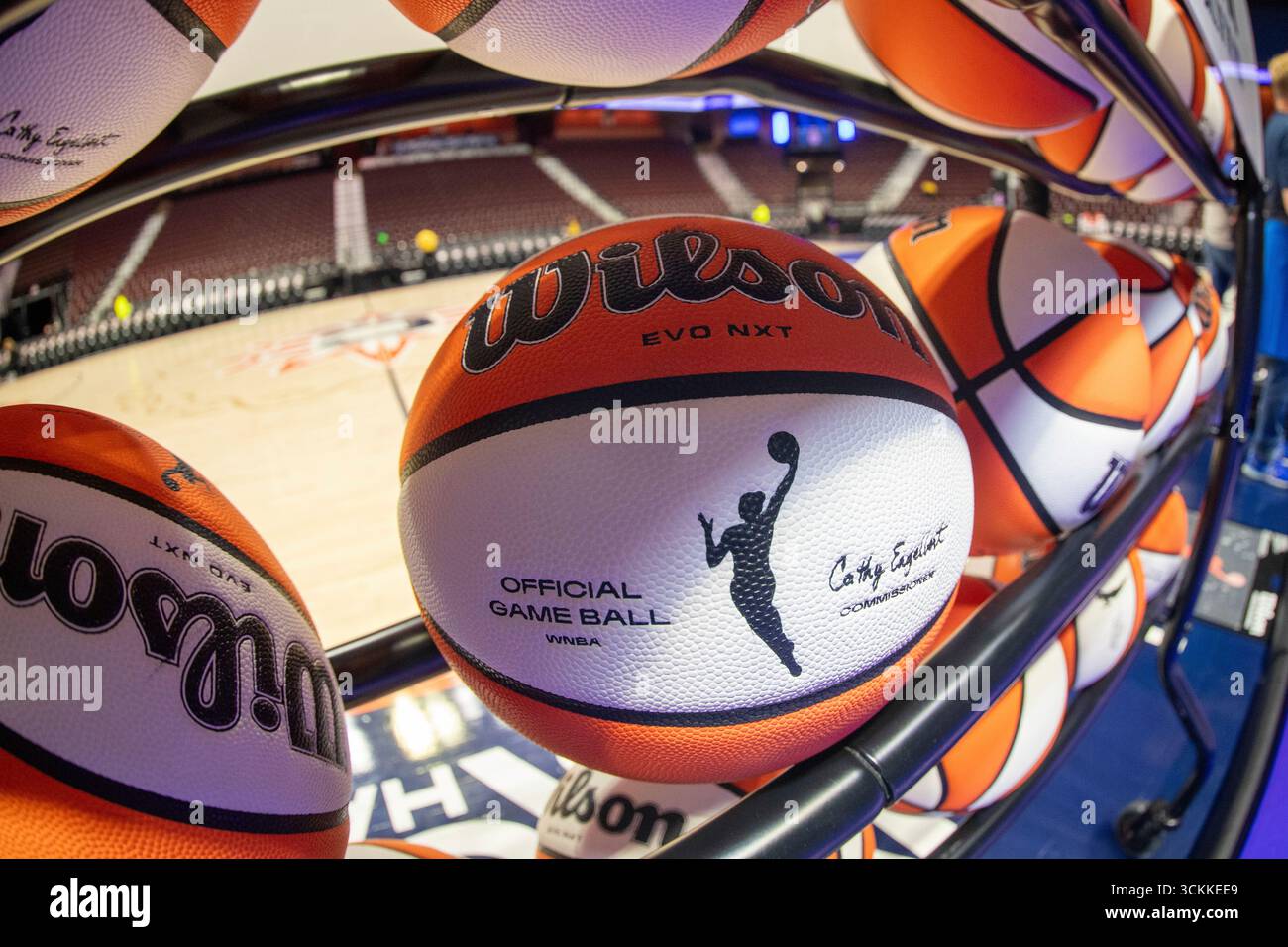UNCASVILLE, CT - SEPTEMBER 10: A detail view of the WNBA logo on a WNBA ...