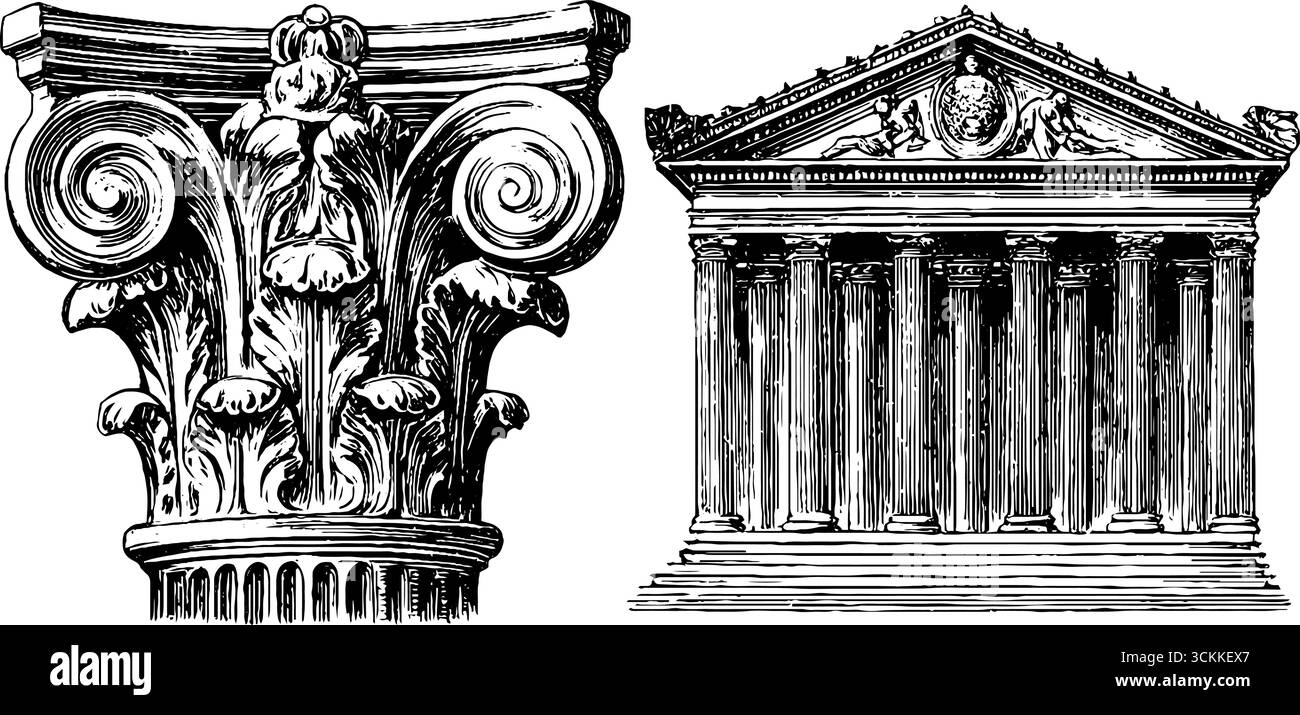 Neoclassical architecture elements illustrations featuring engraved columns and facade design ...