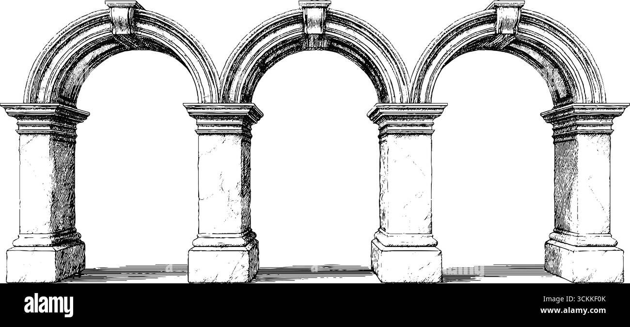 Triple arched facade engraving for architectural design and historical ...