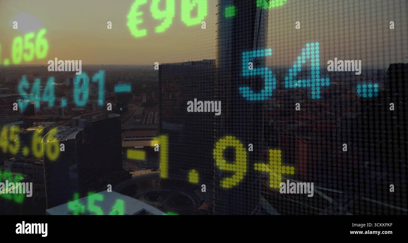 Displaying transparent overlay showing stock figures over high-rise ...