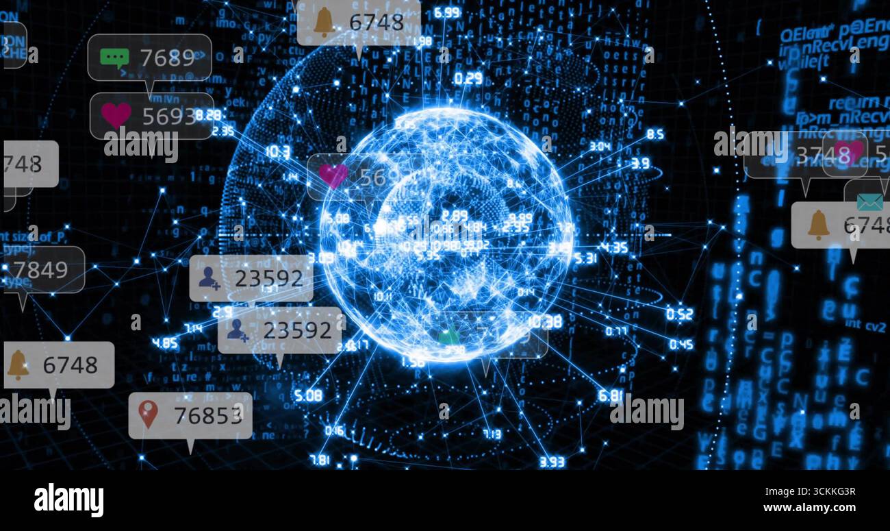 Hovering digital network globe linking nodes in cyberspace, with binary ...