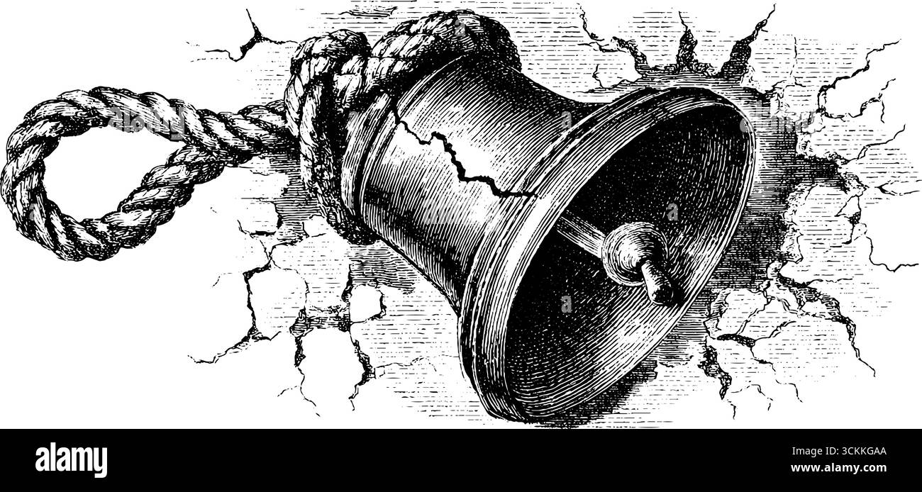 Engraved illustration of a cracked bell tied with rope - retro design ...