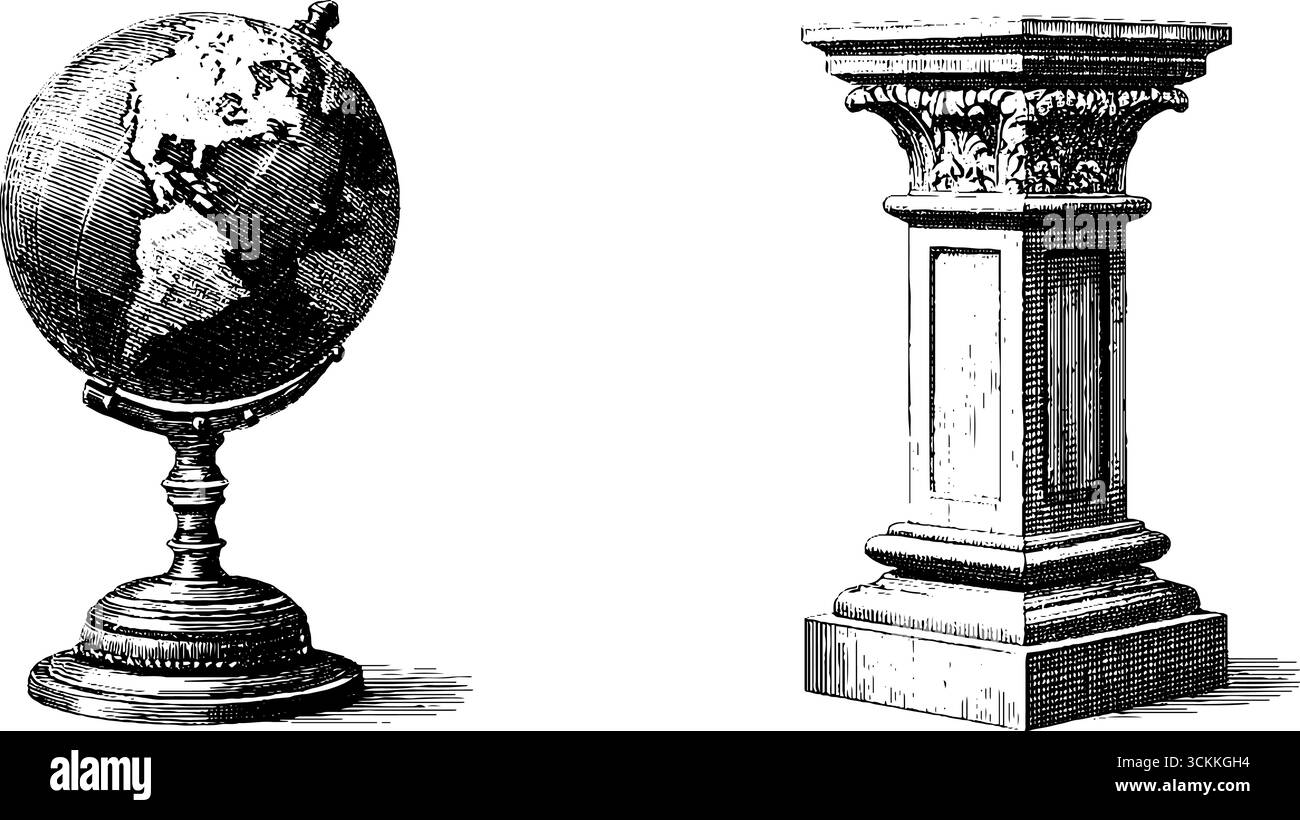 Vintage globe and architectural column engraving illustration for ...