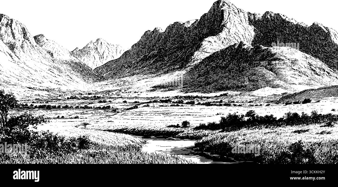 Vintage engraved landscape illustration of majestic mountains and ...