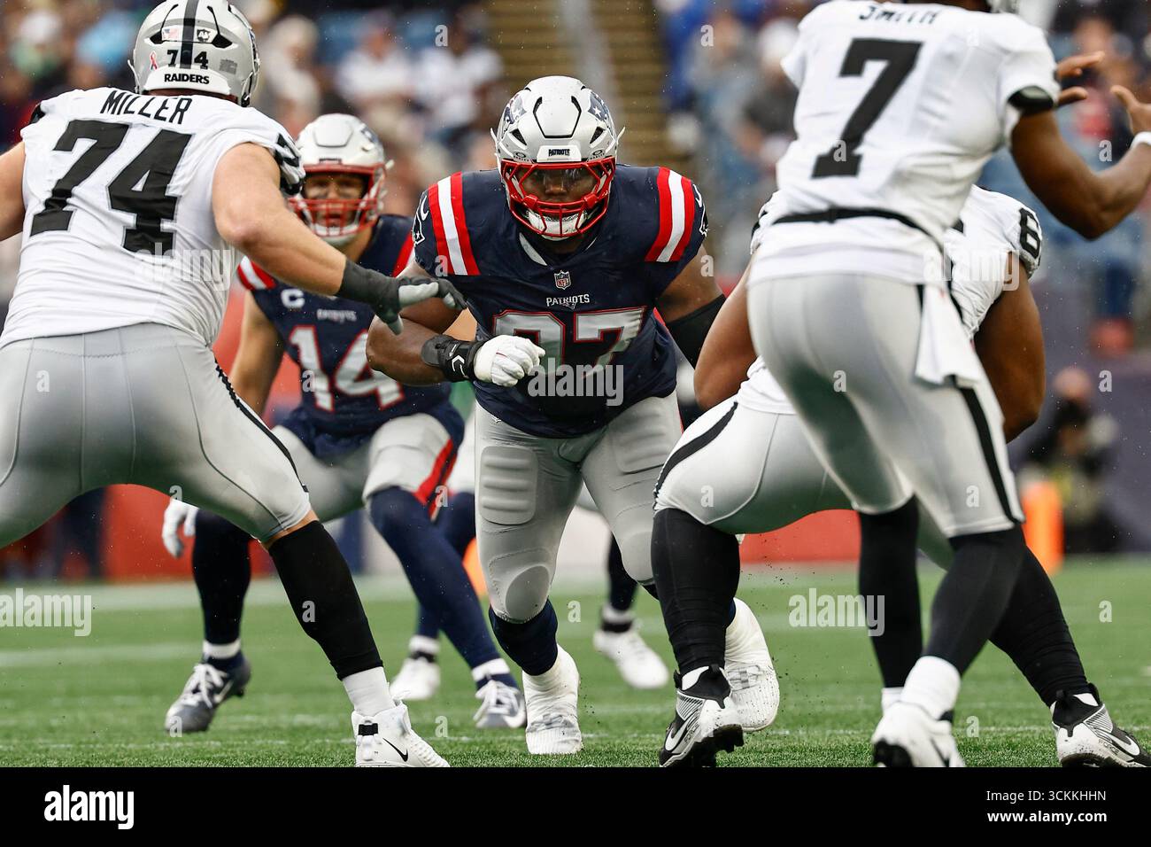 New England Patriots defensive end Milton Williams rushes against the ...