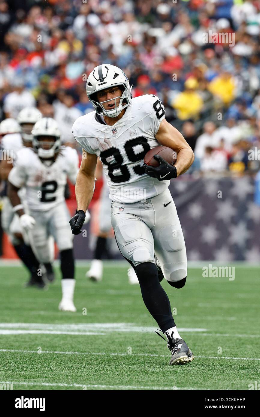 Las Vegas Raiders tight end Brock Bowers runs after a catch against the ...