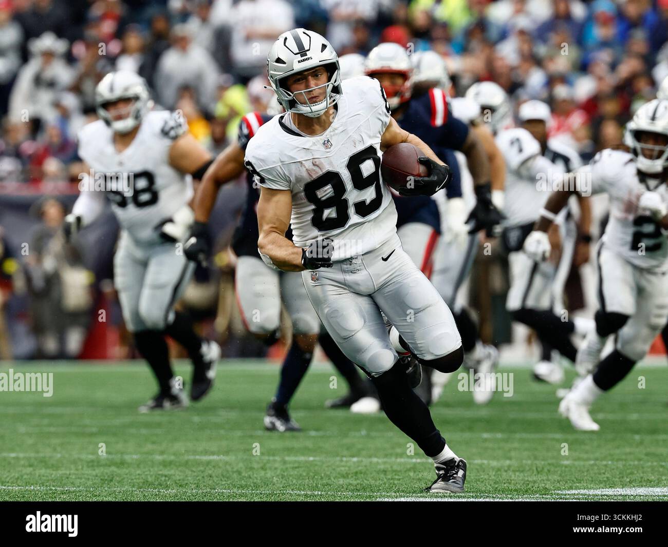 Las Vegas Raiders tight end Brock Bowers runs after a catch against the ...
